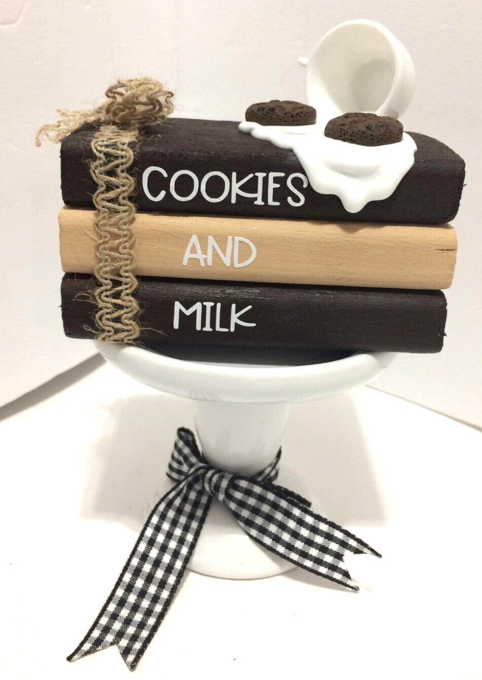 Cute COOKIES & MILK Wooden Book Stack Tiered Tier Tray / Shelf Sitter ...