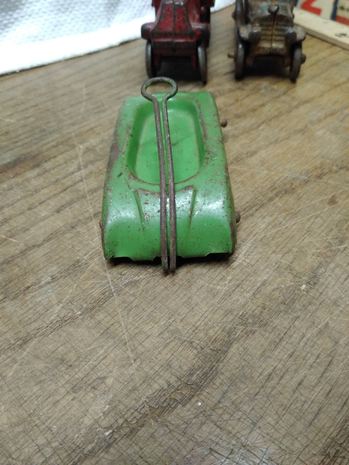 Vtg Wyandotte Streamline Toy Pull Wagon Green Pressed Steel Wood Wheels ...