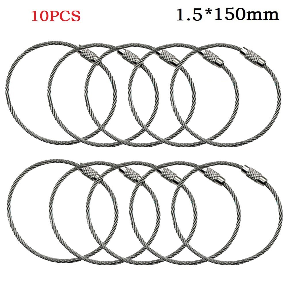 10Pcs1.5/2mm-Keychain Tag Rope Stainless Steel Wire Cable Loop Gadget ...