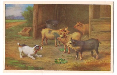 Puppy Dog Barking at Pigs Farm Barn Scene Watercolour England Postcard ...