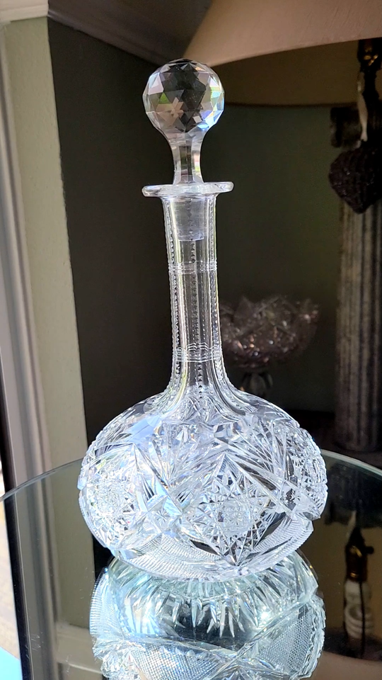 Antique American Brilliant Cut Glass Decanter, Hobstar & Diamond Point ...