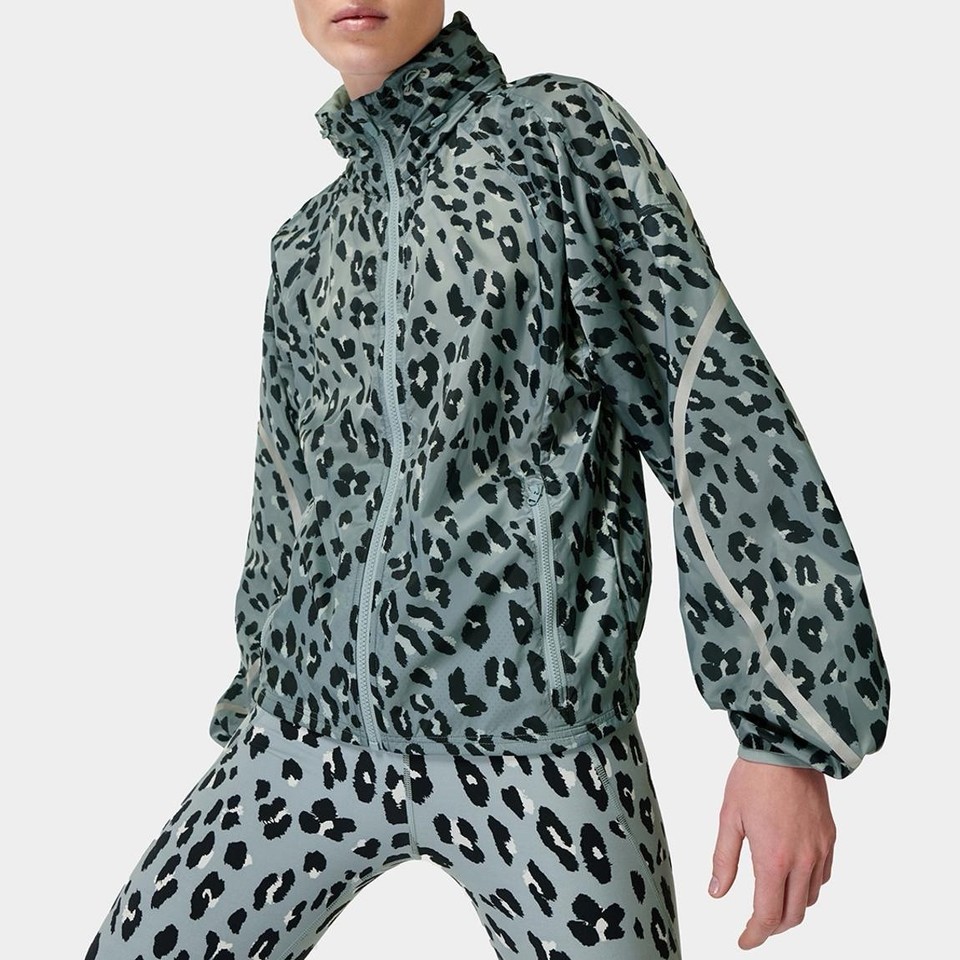 Sweaty betty small Blue Cheetah Print Pack Away Jacket Running Yoga ...