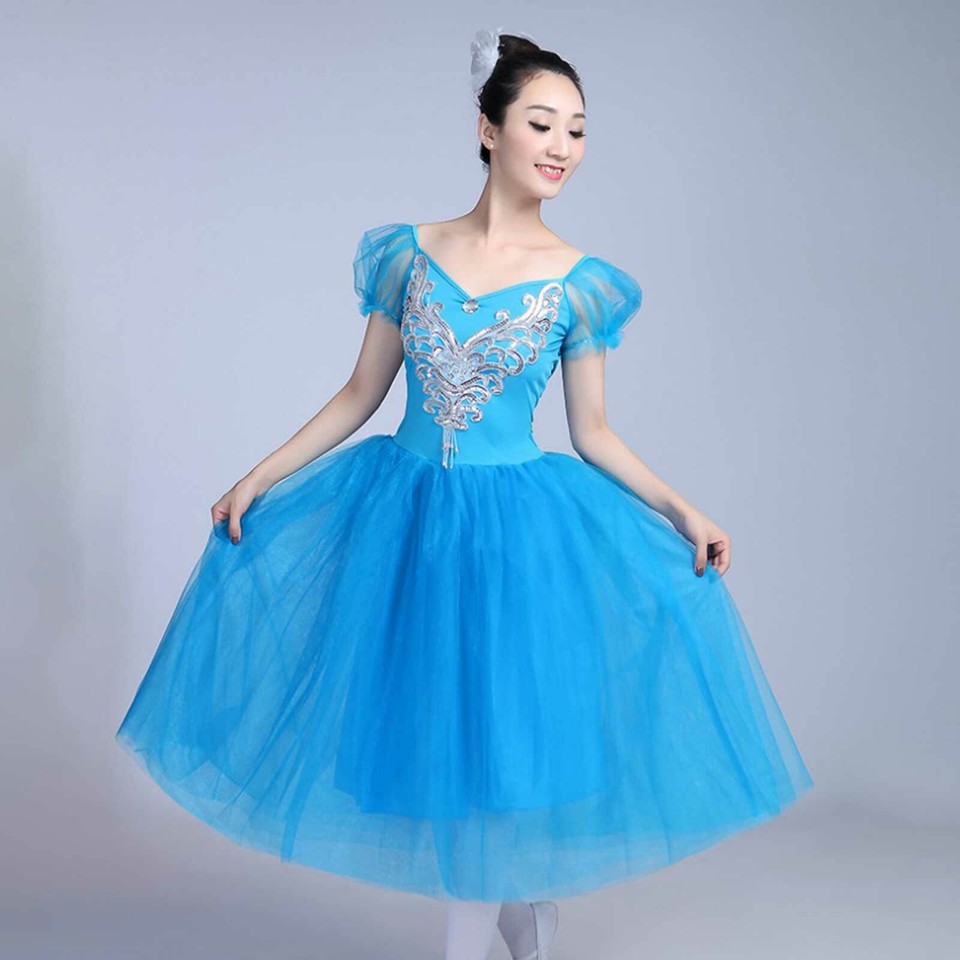 Womens Ballet Dance Mesh Tulle Long Dress Ballerina Swan Lake Princess ...
