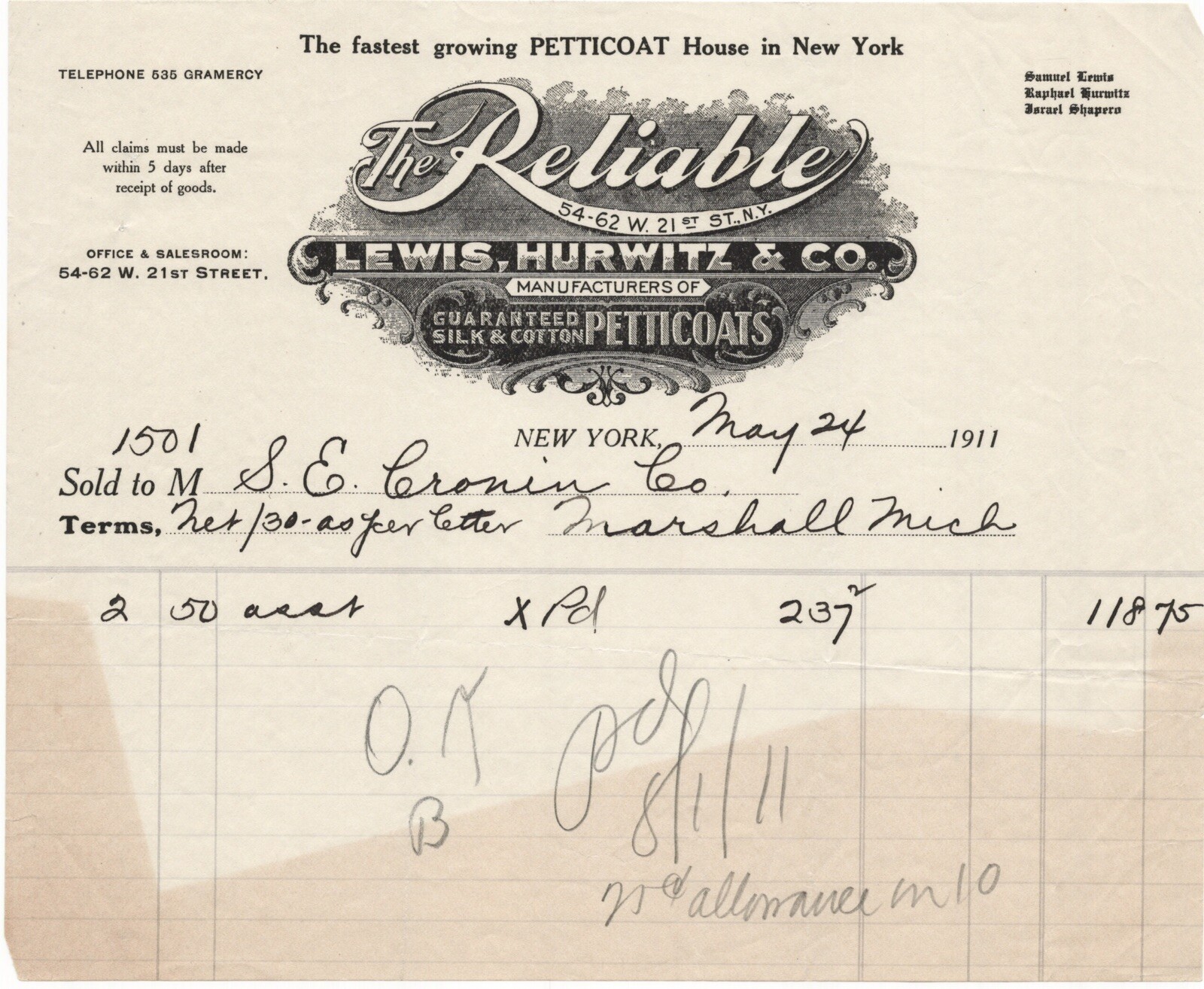 1911 RELIABLE LEWIS HURWITZ CO SILK COTTON PETTICOATS NYC NEW YORK BILL ...