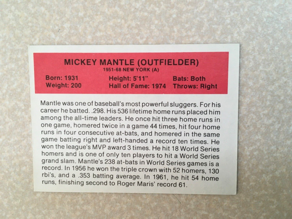 1987 Hygrade Baseball's All-Time Greats - Batting Lefty Mickey Mantle ...