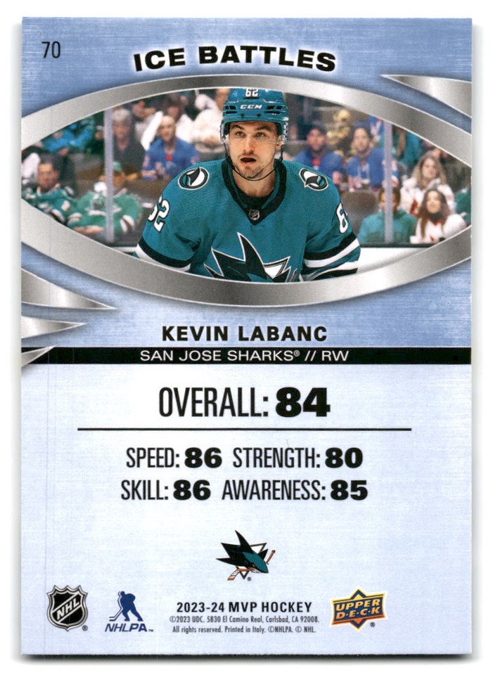 Kevin Labanc 2023-24 Upper Deck MVP HOCKEY #70 San Jose Sharks Ice ...