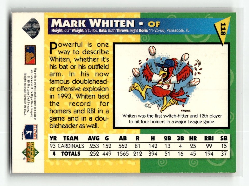1994 Upper Deck Fun Pack Baseball Card #118 Mark Whiten St. Louis ...