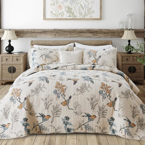 Qucover Bird Quilt Set, Cotton Bedspread Birds, 3 Piece Flying Birds ...