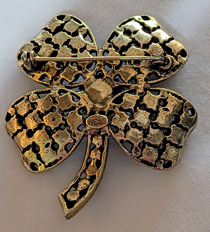 Vintage Weiss Four-Leaf Clover Brooch Gold Topaz Rhinestone, Signed ...