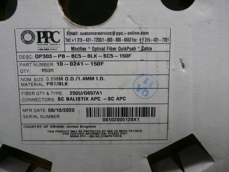 QP303-PB-BC5-BLK-SC5-150F Black Push Fiber 150FT FTTXFlex Fiber Cable ...