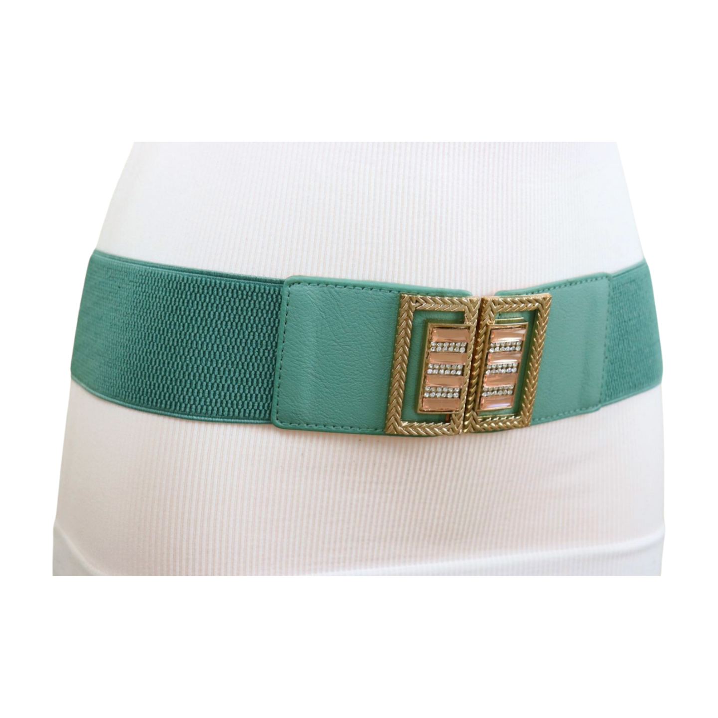 Women Teal Blue Elastic Fashion Casual Day Fun Belt Gold Bling Square ...