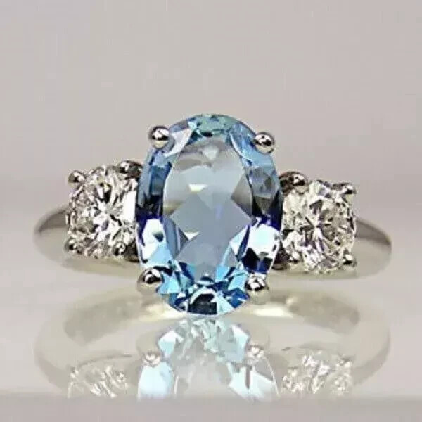 3Ct Oval Lab Created Blue Topaz Engagement Ring 14K White Gold Plated ...