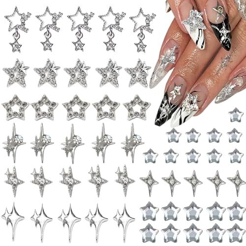 55pcs Silver Star Nail Charms Star Charms for Acrylic Nails 3D Stars ...