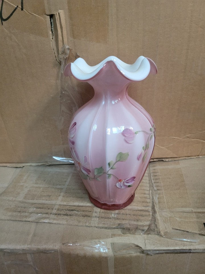FENTON Pink Cased Art Glass Hand Painted Flowers Ruffled Glass Vase C ...