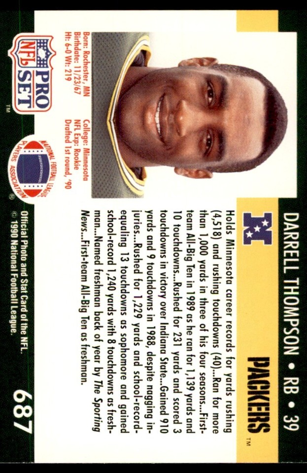 1990 Pro Set Darrell Thompson Rookie Green Bay Packers #687 | eBay