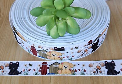 7/8" (1 YD) Dog and Puppies with Doghouse Grosgrain Ribbon Rescue Dogs ...
