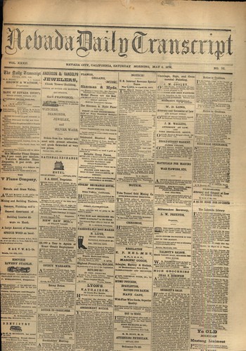 Nevada Daily Transcript 5/6 1876 Nevada City CA newspaper sidewalks | eBay