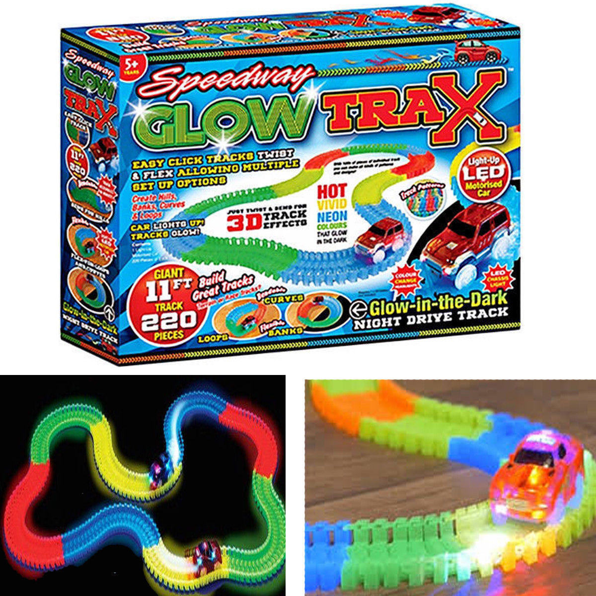 GLOW TRAX SPEEDWAY - GLOW IN THE DARK LIGHT UP RACE CAR 220 PIECES 11FT ...