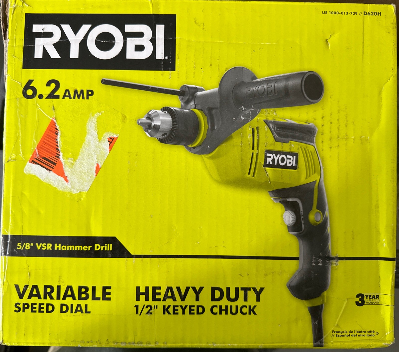 Ryobi D620H 5/8 inch Variable Speed Reversible Hammer Drill 33287160679 ...