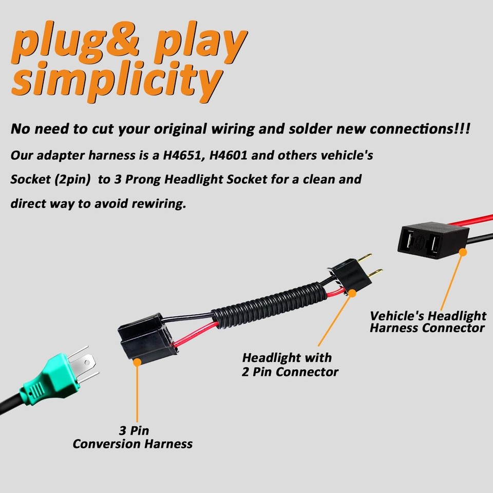 3 prong to 2 prong Wiring Harness Headlight, 3pin Harness Female to ...