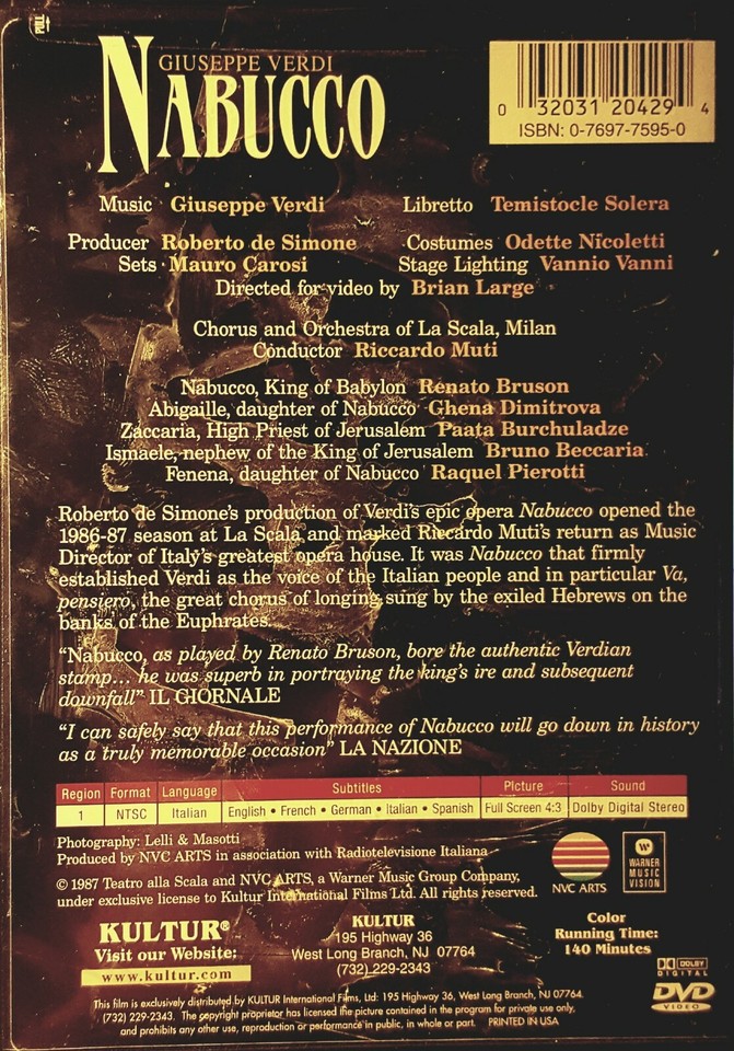 "Nabucco" By Giuseppe Verdi DVD | eBay