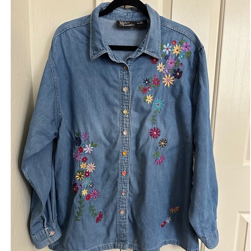 Vintage Silver Threads Ltd Floral Embroidered Denim Shirt 2X Plus Size ...