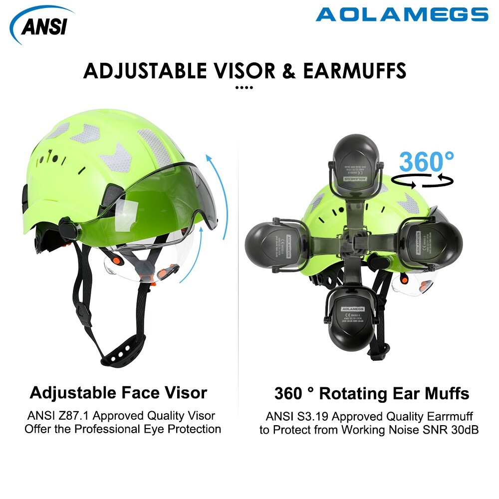 CE Construction Safety Helmet With Visor Built In Goggles Earmuffs ANSI ...