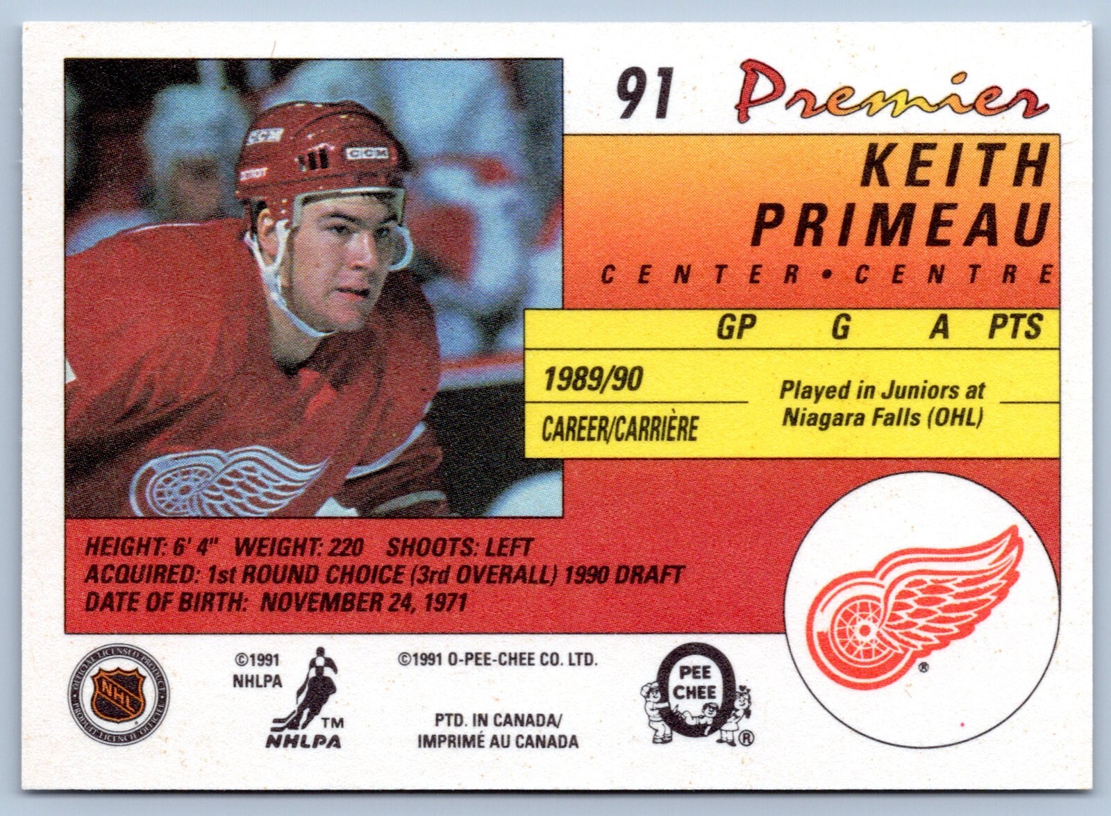 KEITH PRIMEAU RC 1990-91 O-PEE-CHEE PREMIER 90-91 NO 91 NRMINT+ 48574 ...
