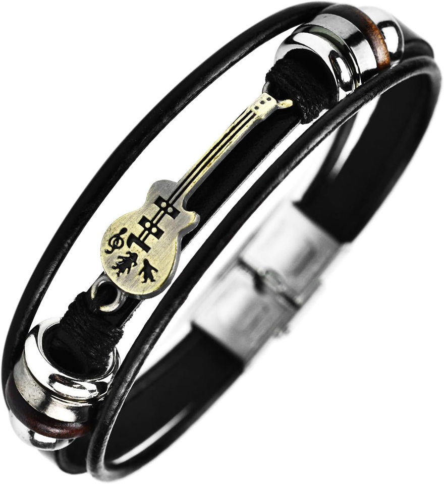 Retro Guitar Leather Bracelet for Man Women Unique Bead Braided ...