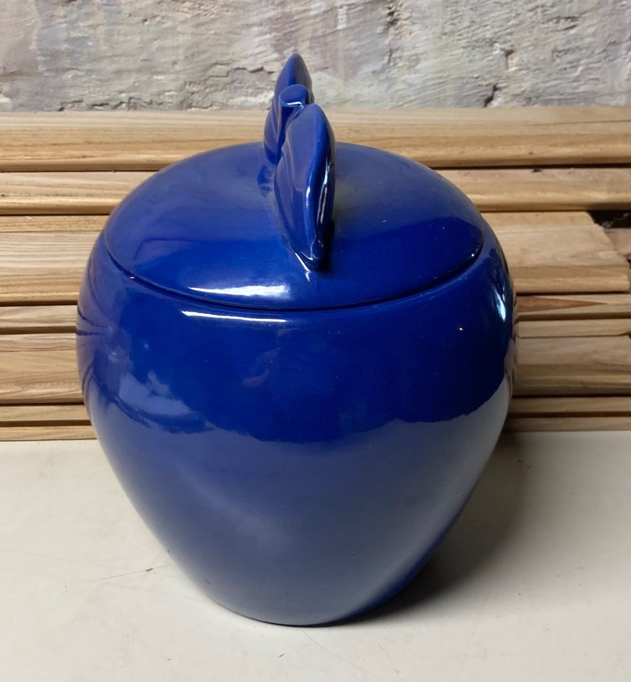 Vintage Red Wing Art Pottery Glossy Cobalt Blue APPLE Cookie Jar 8 ...