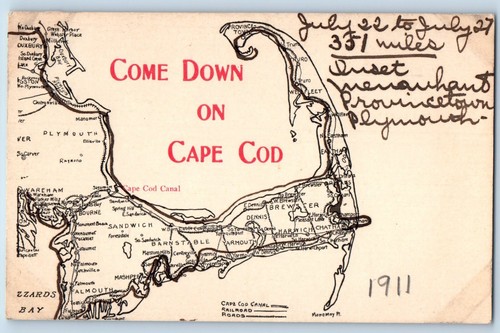 c1910 Cape Cod Massachusetts Vintage Postcard Come Down Cape Cod Map ...