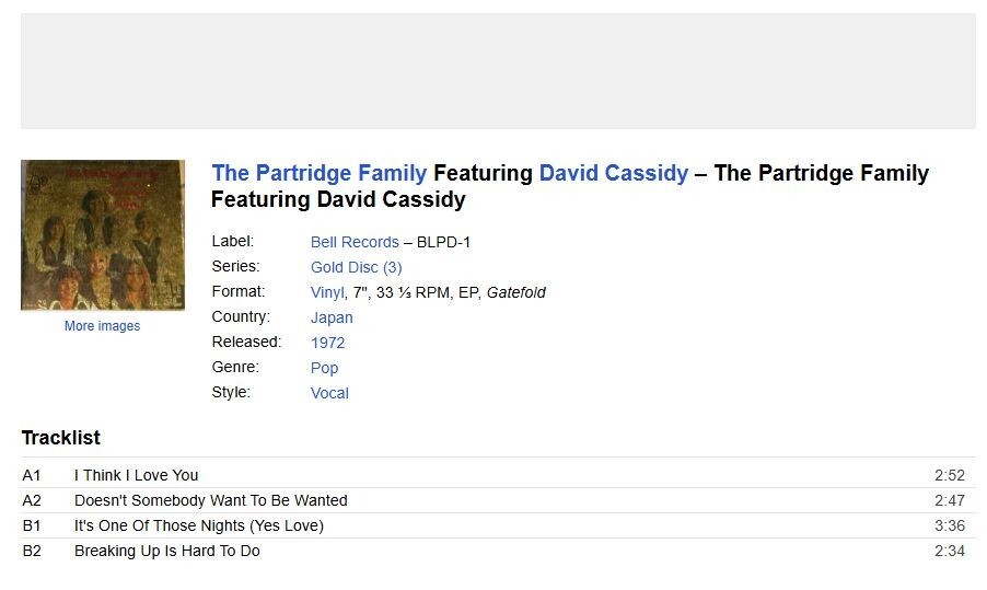 RARE The Partridge Family Fea David Cassidy GOLD DISC - Bell BLPD-1 EP ...