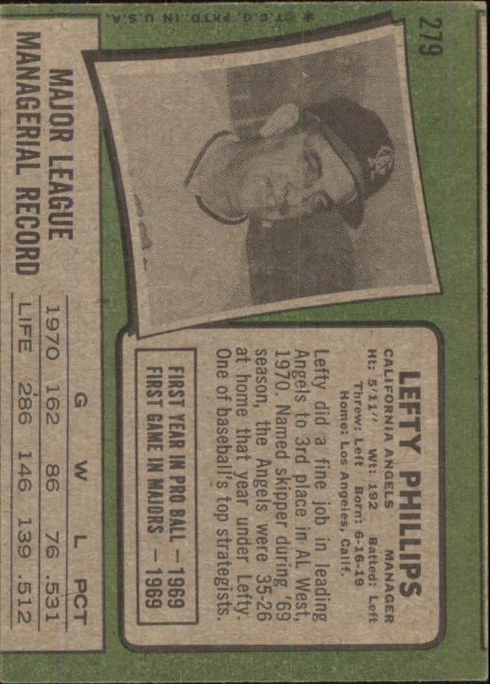 1971 Topps Baseball Card #279 Lefty Phillips MG - VG | eBay