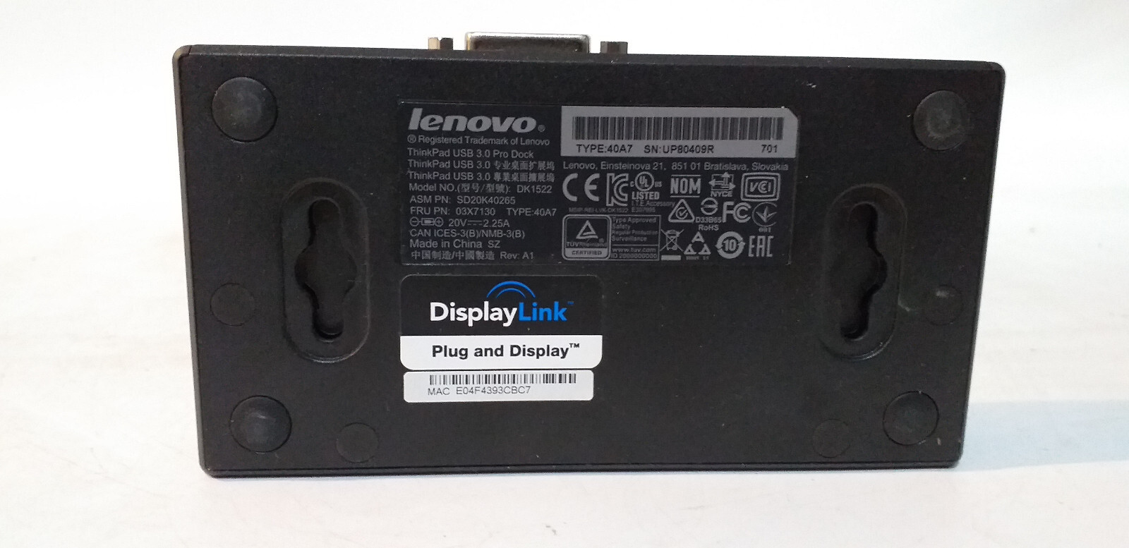 Lenovo ThinkPad USB 3.0 Pro Dock No Power Adapter DK1522 03X7130 40A7 ...