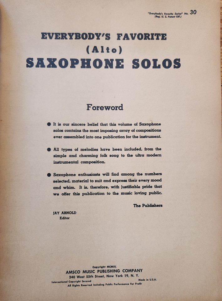 Saxophone Solos (Alto) with Piano Sheet Music #30 Amsco 1940 128 pages ...