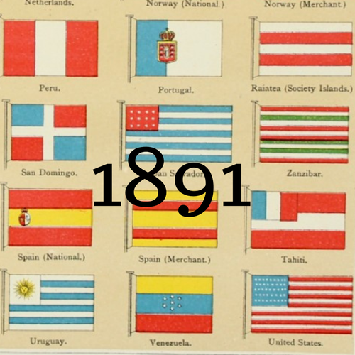 1891 FLAGS NATIONS CHINA BURMAH COLOR RARATONGA HAWAII SIAM VICTORIAN ...