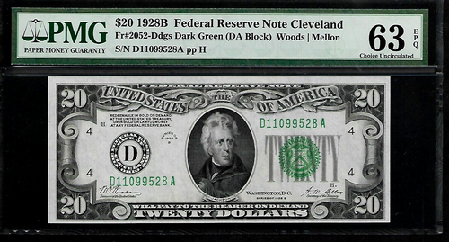 US 20 $ 1928 B PMG 63 EPQ UNC Fr #2052-Ddgs FRN Cleveland, Woods/Mellon ...