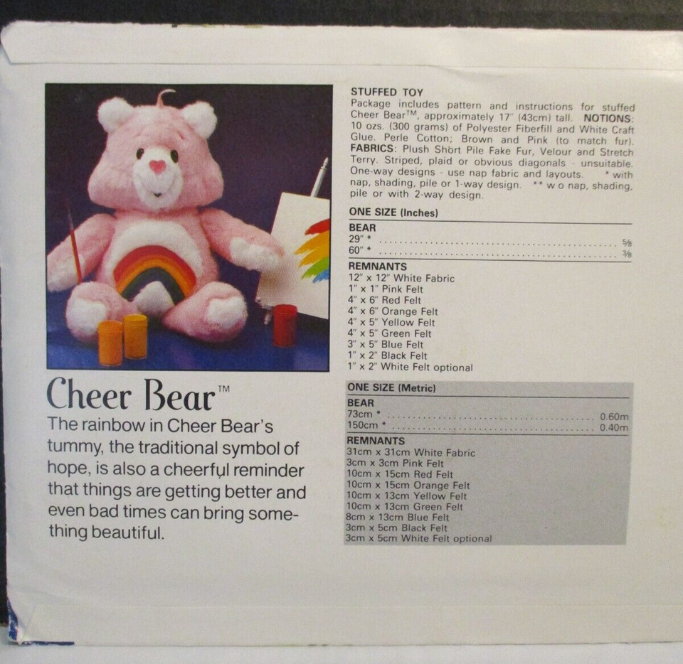 Butterick Pattern 6230 Care Bears Cheer Bear Rainbow 17" Tall Uncut ...
