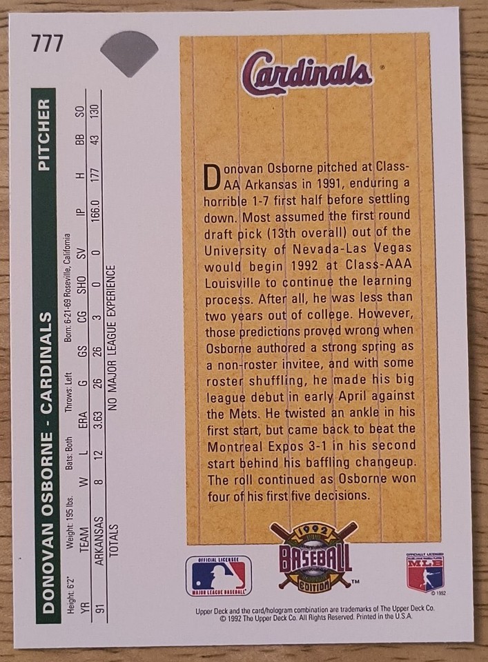 1992 Upper Deck #777 Donovan Osborne St. Louis Cardinals Rookie Debut ...