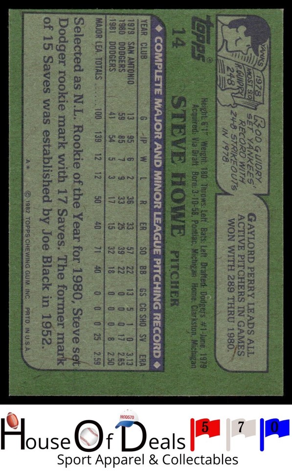 1982 Topps #14 Steve Howe Los Angeles Dodgers Baseball Card | eBay