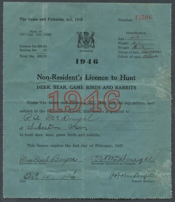 CANADA REVENUE ONTARIO 1946 NON-RESIDENT'S HUNTING LICENCE | eBay