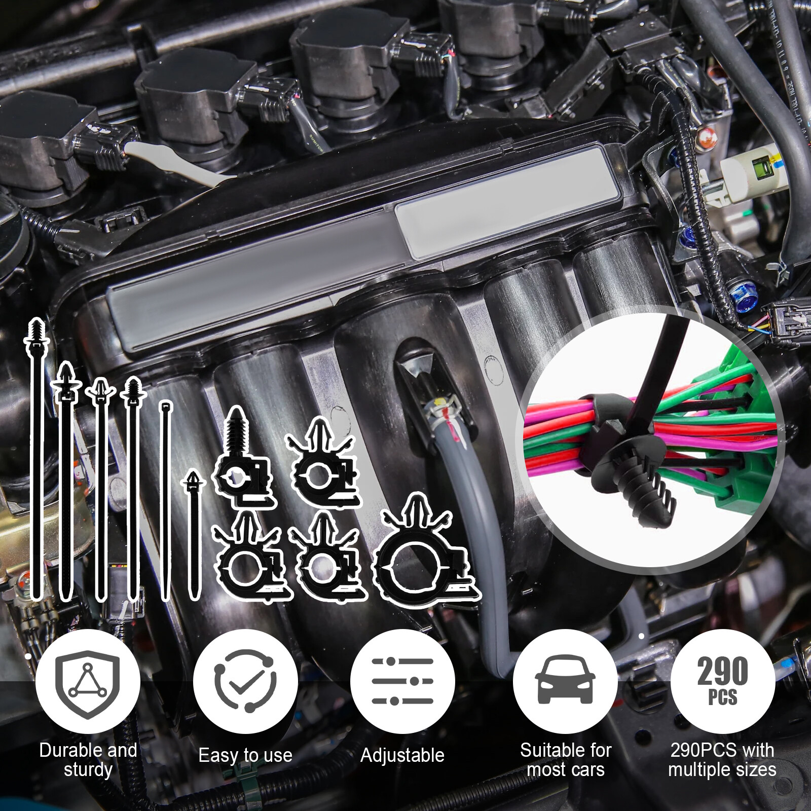 290Pcs Car Wire Harness Routing Clip Assortment Kit 5 Different Sizes ...