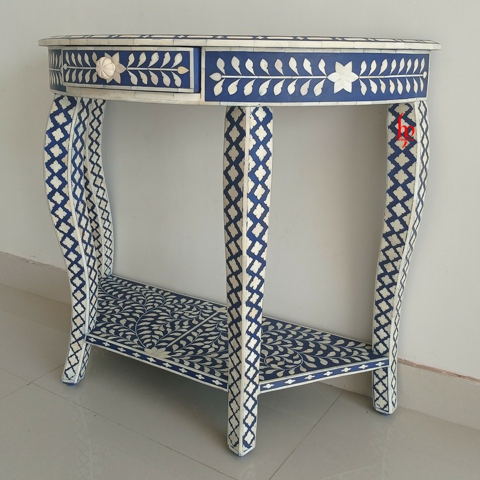 Handmade Bone Inlay Semi Round Floral Pattern Console Table for Home ...