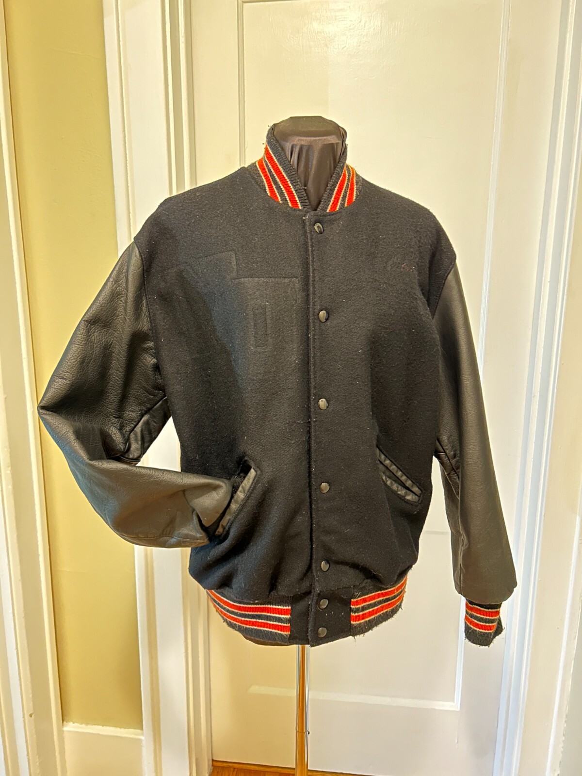 DeLong Wool Leather Varsity Snap Letterman Jacket Vintage Black Size ...