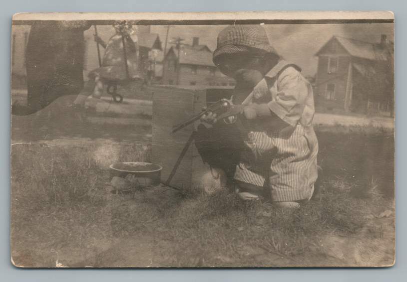 Toddler Pointing Revolver Gun at Baby Chick RPPC Strange Antique Photo ...