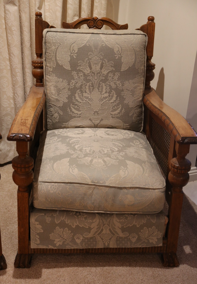 Beautiful antique Jacobean lounge suite 3 pce light oak jacquard fabric ...