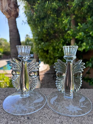 Paden City Glass Clear Maya Candlestick Candle Holders 6.5" Set of 2 c ...