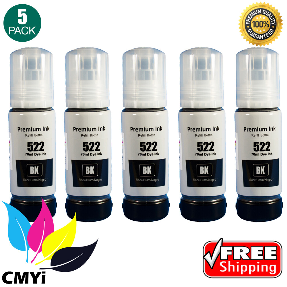 5PK 522 Black Ink Refill Replacement for Epson T522 Fits EcoTank ET2720 ...