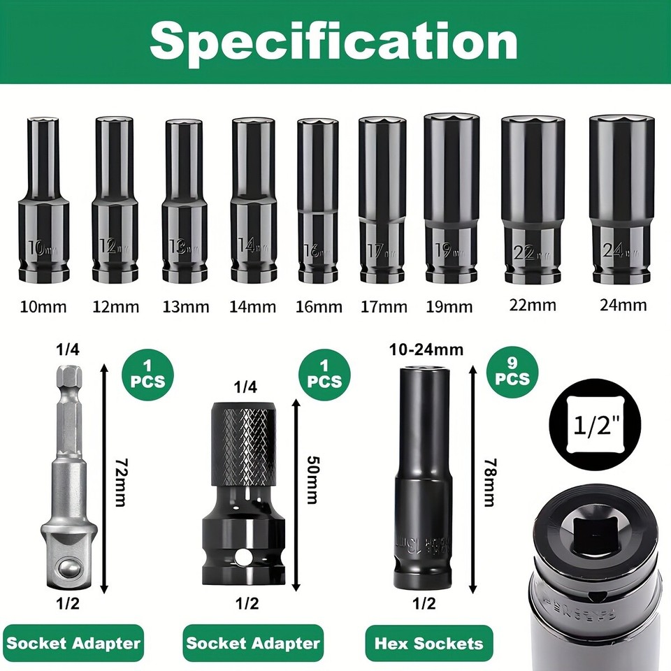 11pcs Metric Deep Impact Socket 1/2" Drive 10mm-24mm 6 Point Sockets ...