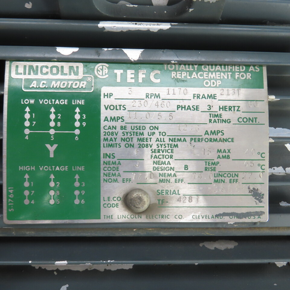 Lincoln 3HP AC Electric Motor 1170RPM 208-230/460V 3PH 213T Frame | eBay